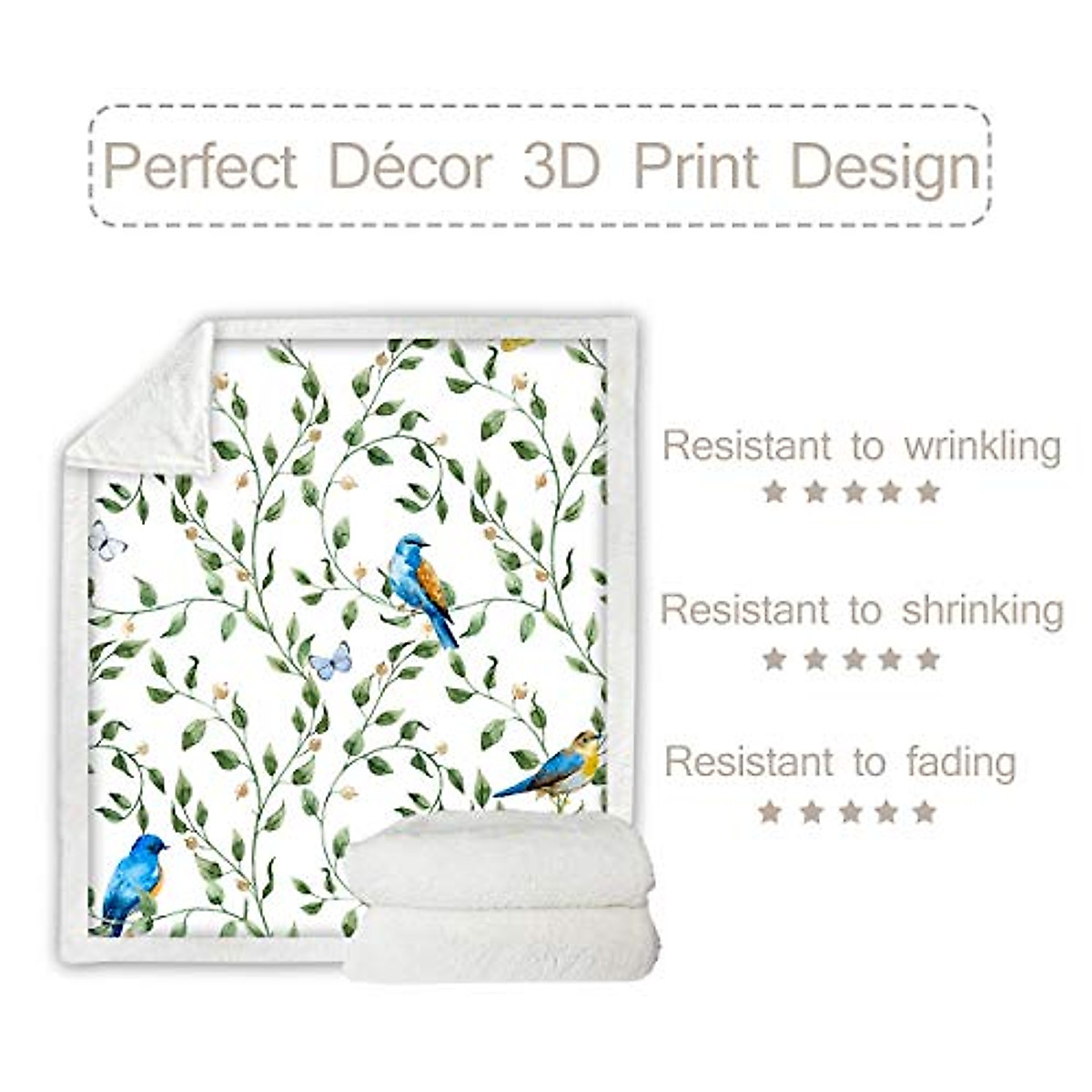 Sleepwish Watercolor Green Leaves Sherpa Fleece Blanket Butterflies Blue Birds and Tree Branch Soft Blanket Spring Pattern Super Warm Lightweight Bed Couch Blankets Throw(50"x60")