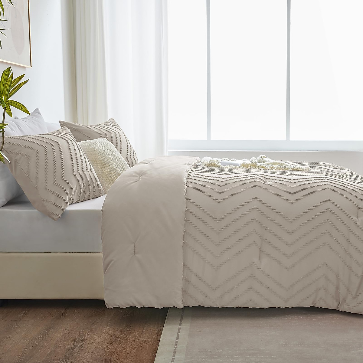CozyLux Twin/Twin XL Size Comforter Set Beige - 1 Pieces Boho Tufted Shabby Chic Bedding Comforter Set for All Seasons, Chevron Bedding Sets with Comforter & 1 Pillow Shams