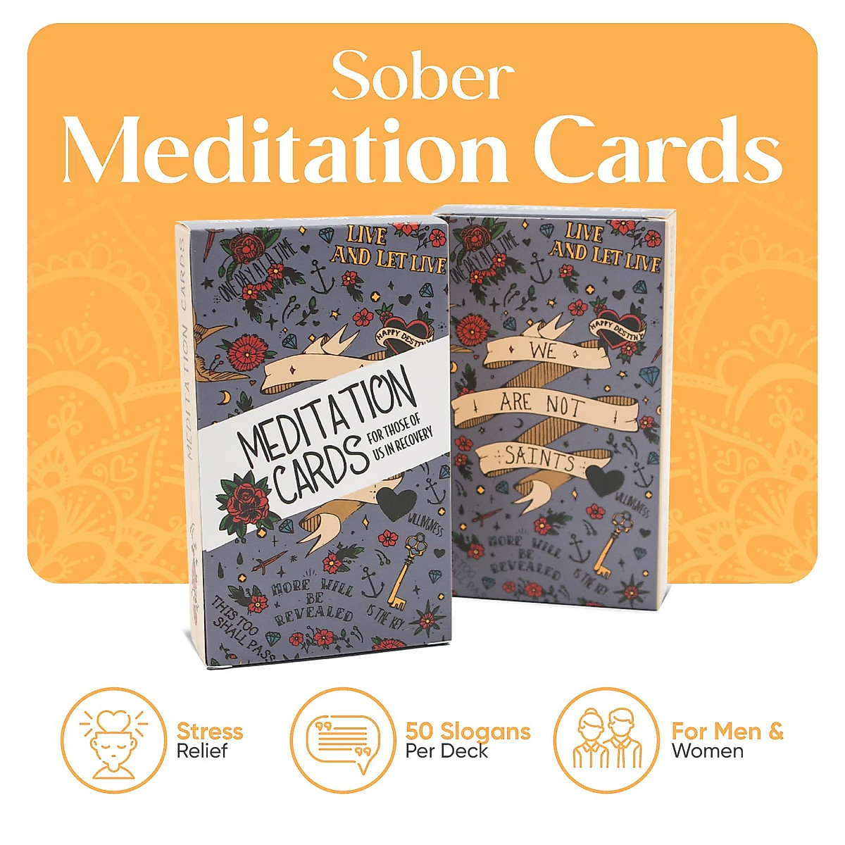 Sober Cards Meditation Cards - Stress Relief Mindfulness Cards for Meditation & Relaxation - Encouragement Cards - Compact Size Sobriety Gifts for Men & Women - 50 Slogans Per Deck