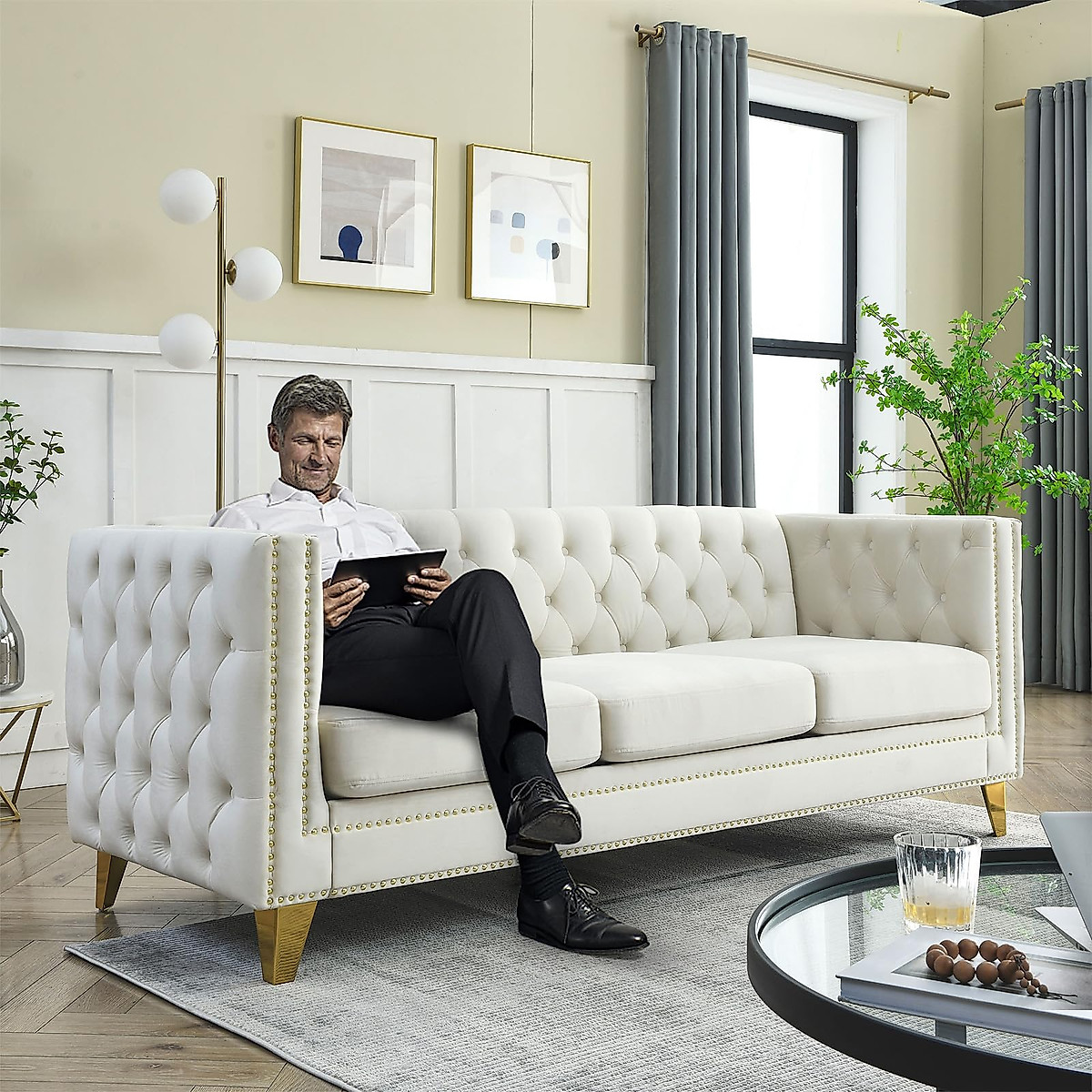 JEEOHEY Chesterfield Sofa,Oversized Velvet Sofa Couch,Deep Seat 3 Seater Sofa,Modern Sofa Chair with Button Nailhead,Upholstered Futon Couches,Furniture for Living Room,Bedroom,Office(Beige)