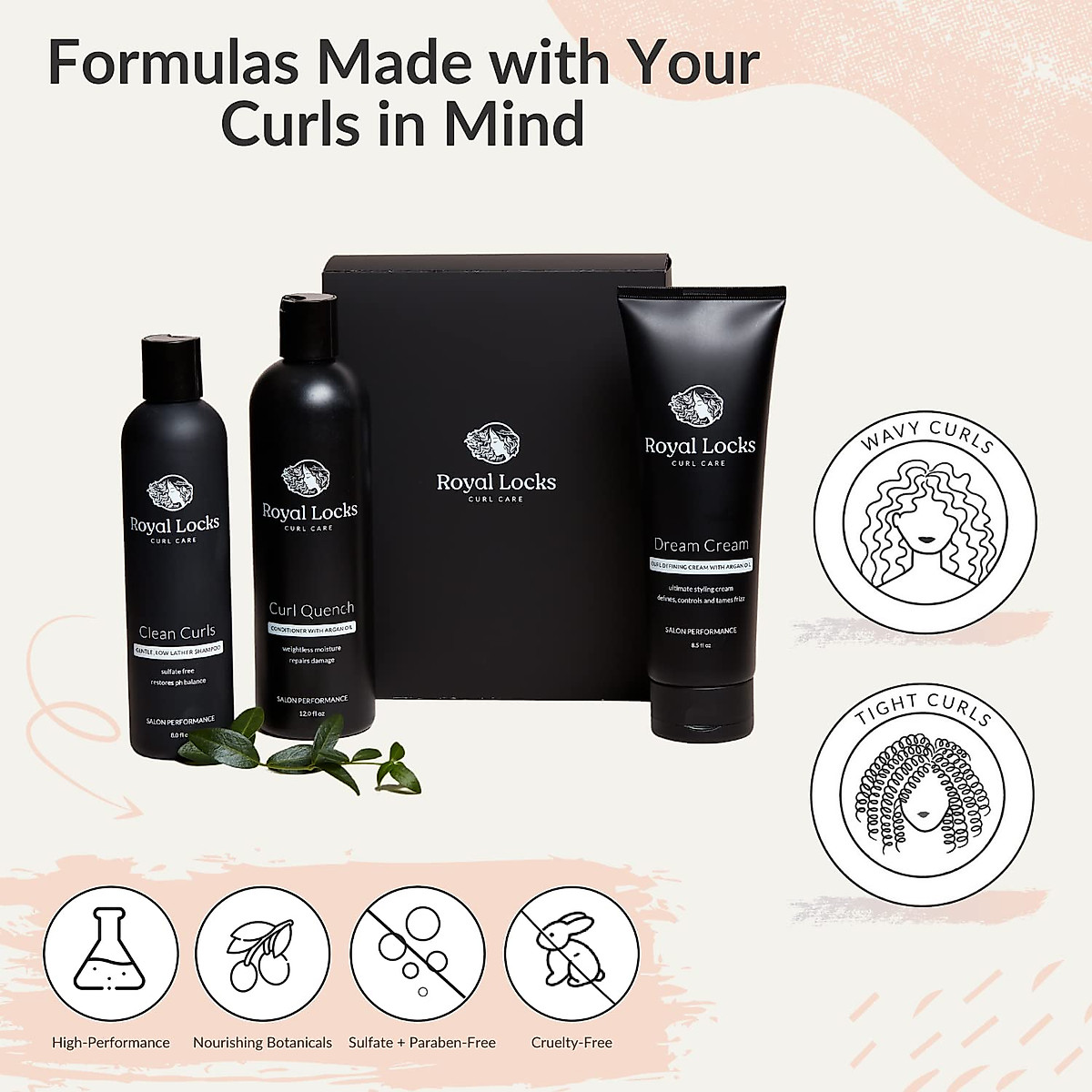 Royal Locks Wave Essentials Set | Clean Curls Shampoo, Curl Quench Conditioner, Dream Cream Curl Cream | Cleanses, Conditions, and Enhances Volume + Tames Frizz (7.5 fl oz, 12 fl oz, 8.5 fl oz)