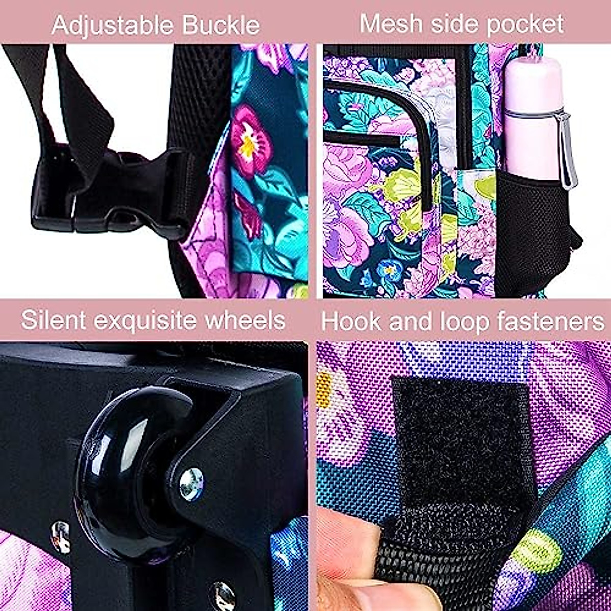 Rolling Backpack for Girls, 21 Inch Water Resistant Flowers Butterfly Bookbag with Roller Wheels, Elementary Wheeled Backpacks for Teens Students School Travel