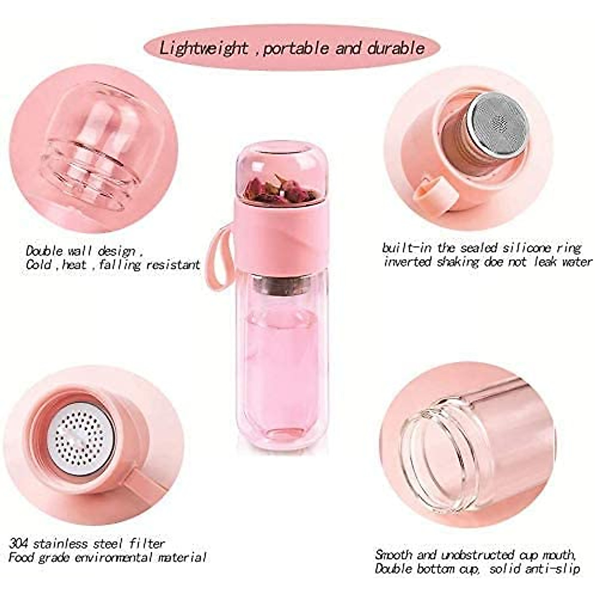 Little Bees Double Wall Glass Tea Bottle Portable Tea Tumbler with Infuser Leak-Proof Travel Mug 14oz Blue