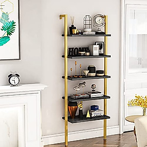 AWQM 5 Tiers Bookshelf, Modern Bookcase Wood Wall Mounted Bookshelf,Industrial Ladder Shelf with Stable Metal Frame,Open Display Rack Storage Shelves for Living Room/Home/Office,Gold +Black