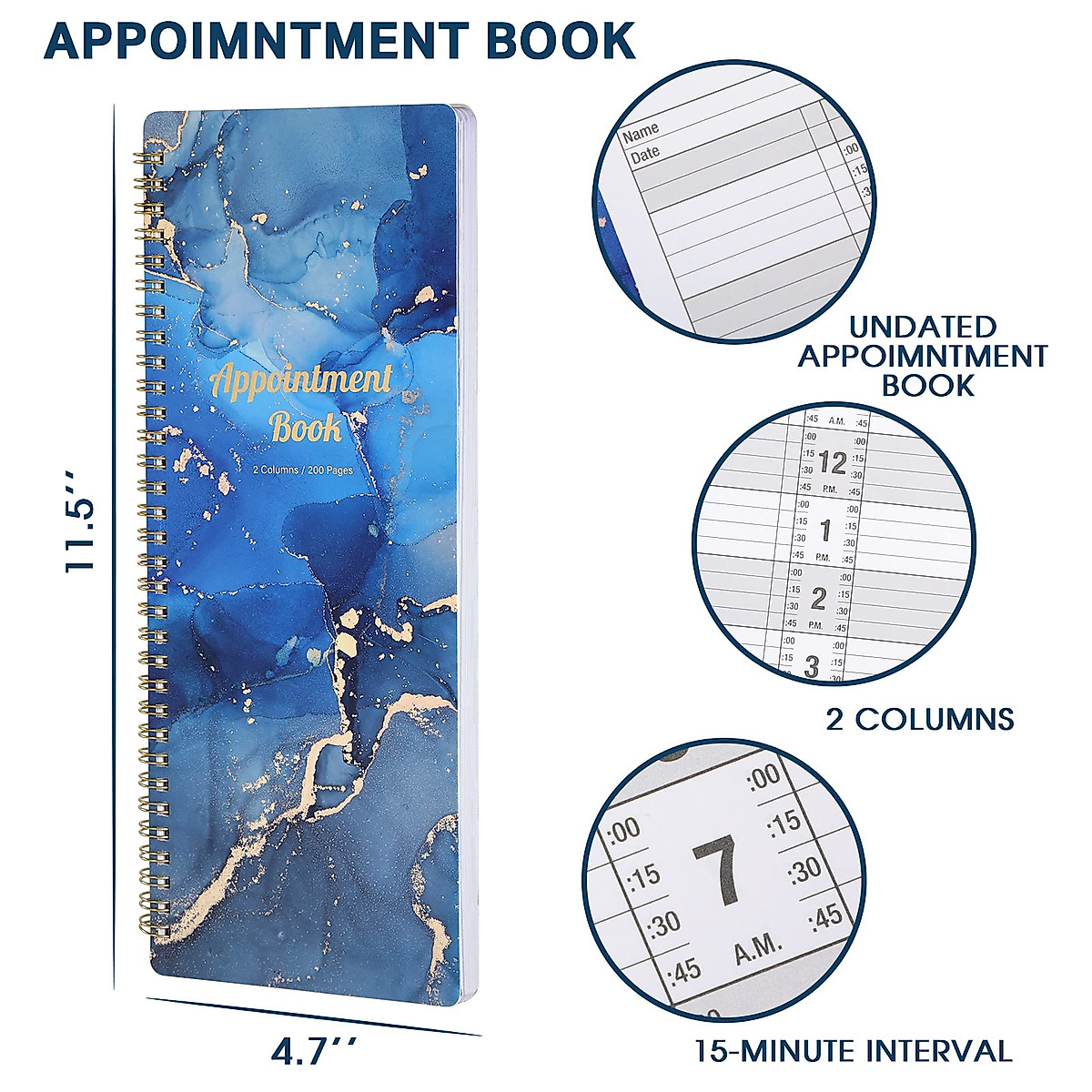 Poluma - Salon appointment book, 11.5" x 4.7", 2 Columns Undated , 6 AM - 9 PM, Twin-Wire Binding, 200 Pages for Hair Stylist - Blue