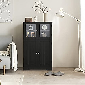 Iwell Bathroom Cabinet, Linen Storage Cabinet with Glass Doors & Adjustble Shelf, Bathroom Floor Cabinet, Cupboard for Living Room, Office, Enterway, Black