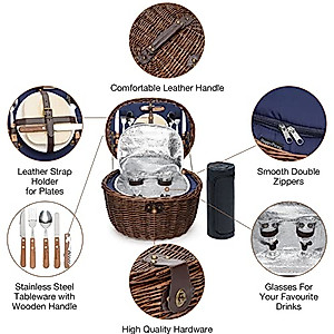 Unique Willow Picnic Basket for 2 Persons, Natural Wicker Picnic Hamper with Service Set and Insulated Cooler Bag - Best Gifts for Father Mother
