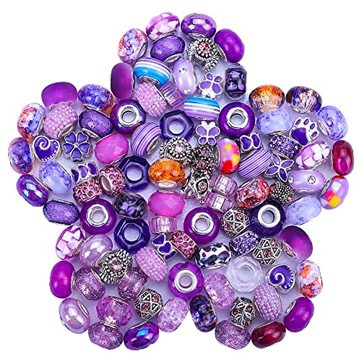 VICTLOV 60 Pieces European Large Hole Spacer Beads Charm Fairy Wands Beads Rhinestone Lampwork Beads Supplies for Bracelets Jewelry Making (Purple)