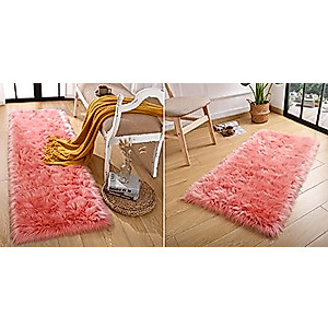Rtizon 2 PCS Faux Fur Washable Rug, 2 x 5.9 Feet and 2 x 4 Feet Coral Fluffy Sheepskin Rug for Girls Bedroom Livingroom Floor Cushion Home Decor Bedside Carpet, Furry Chair Cover Seat Pad Mat