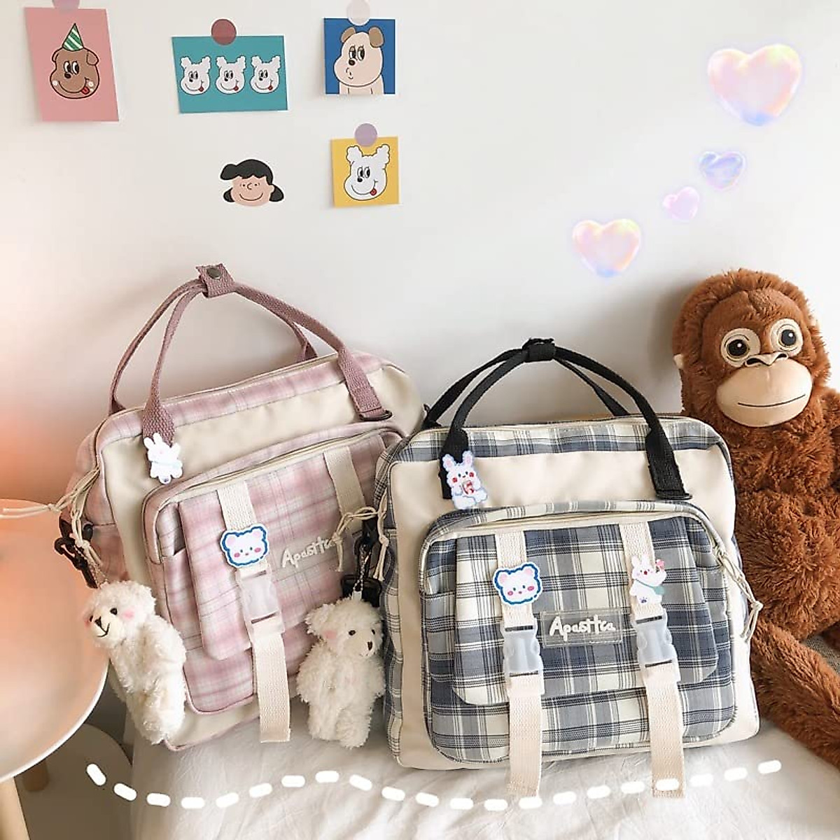 Kawaii Backpack with Bear Plush and Pins, Cute Backpack Japanese School Handbag Handbag Ita Bag for School (Pink)