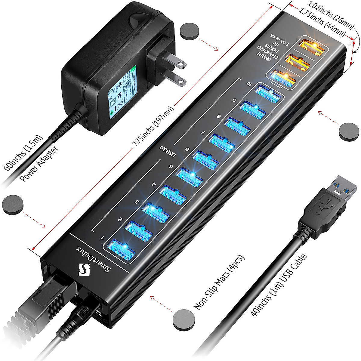 SmartDelux Powered USB Hub - USB 3.0 Ports Hub with 3 Smart Charging Ports, Power Adapter, Long Cord, LEDs (13-Port USB Hub)
