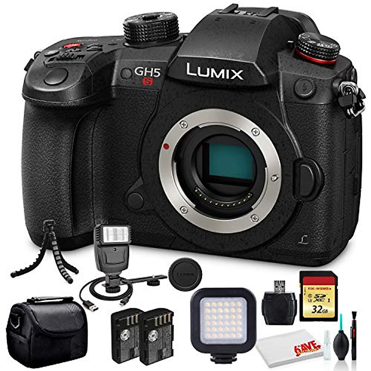 Panasonic Lumix DC-GH5S Mirrorless Digital Camera (DC-GH5S) - Bundle - with Sony 32GB Tough SD Card + LED Video Light + Digital Flash + DMW-BLF19 Battery + Soft Bag + 12 Inch Flexible Tripod + More