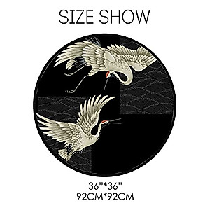 Kuizee Round Area Rug Mat Japanese Crane Black Living Room Bedroom Bathroom Kitchen Home Decor Coral Velvet Non-Slip Round Carpet 36 Inch