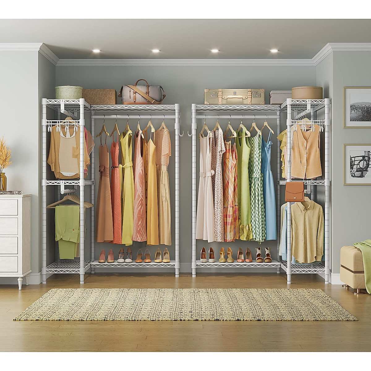 VIPEK L4S Garment Rack L Shaped Clothes Rack for Corner, Freestanding Portable Wardrobe Closet Heavy Duty Clothing Rack with 3 Hanging Rods & 2 Side Hooks, 43.3"Lx29.1"Wx76.4"H, Max Load 810LBS, White