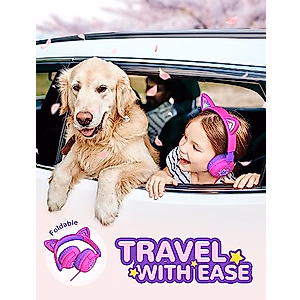 iClever Kids Headphones Cat Ear, LED Light Up, 85dBA Safe Volume, Stereo Sound Toddler Headphones for Travel School, Foldable 3.5mm Wired Kids Headphones for iPad Tablets, Meow Lollipop-Hot Pink