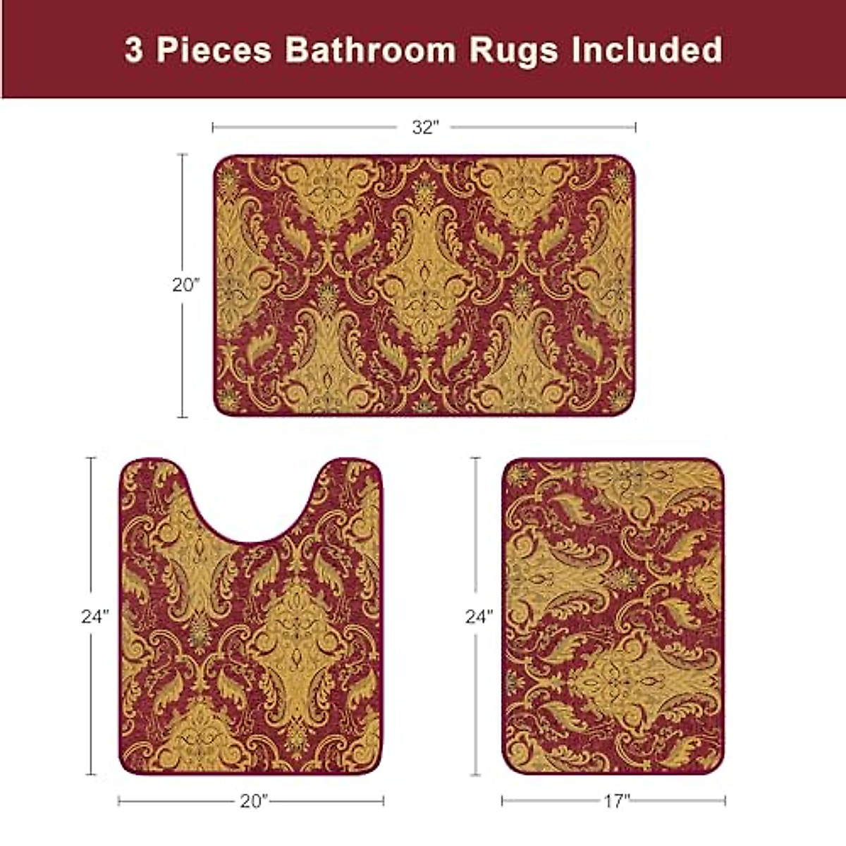 Loom and Mill Luxury Bathroom Rugs Set 3 Pieces, Absorbent & Non-Slip Chenille Memory Foam Bath Rug Set with U Shaped Toilet Mat, Soft Washable Bath Mats for Bathroom Floor,Tub and Shower(Red)