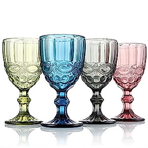 MDLUU Vintage Glass Goblets, 10.8oz/320ml Stemmed Glassware Set, Embossed Water Goblets, Red Wine Glasses for Party, Wedding, Christmas, Catering, Set of 4 (Multi-colored)