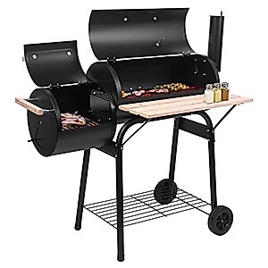 Yumin 24.4'' Barrel Charcoal BBQ Grill with Side Fire Box and Offset Smoker, Outdoor Barbecue Grills with Two Wheels for Patio, Garden, Picnics Stove, Camping, Backyard Cooking, Black