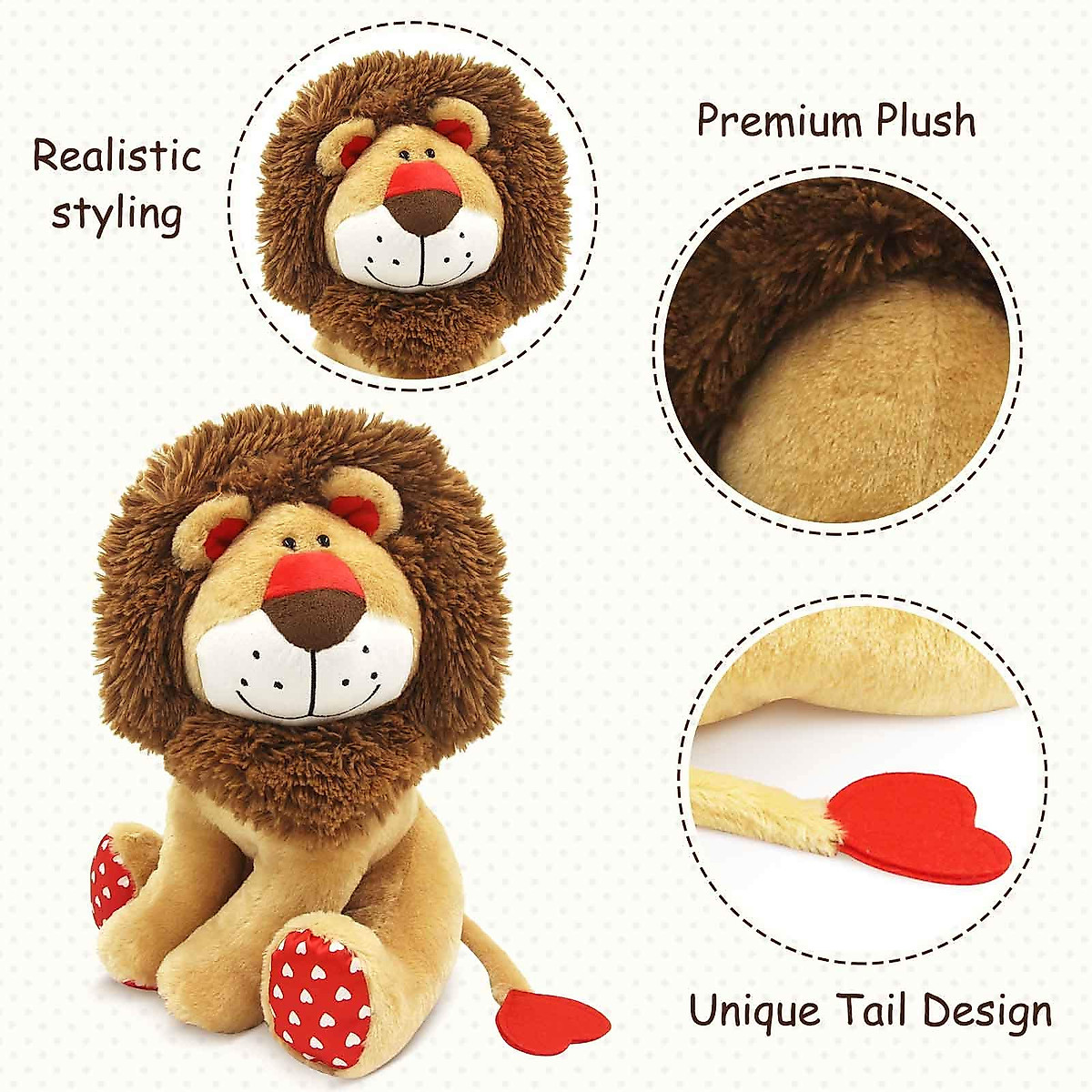 WEIGEDU Love Lion Stuffed Animal, King Lion Plush Toy with Mane Heart Shape Tail for Kids Baby Lover Birthday Valentines Day Christmas Bedtime Gift, 13.8“