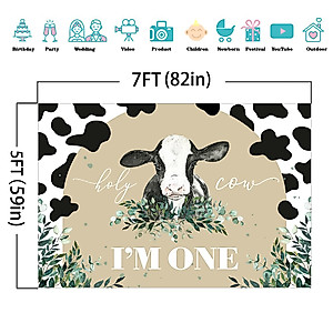 Mocsicka Holy Cow I'm One Backdrop Green Leaves Cow 1st Birthday Party Background Farm Boy Cow First Birthday Party Decorations Banner Photo Studio Props (7x5ft)