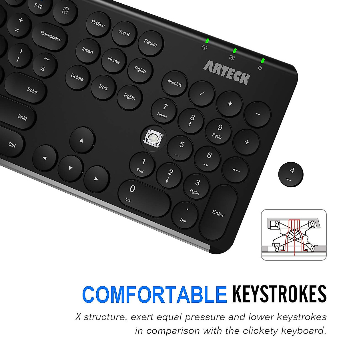 Arteck 2.4G Wireless Keyboard Stainless Steel Ultra Slim Full Size Keyboard with Numeric Keypad for Computer/Desktop/PC/Laptop/Surface/Smart TV and Windows 10/8/ 7 Built in Rechargeable Battery
