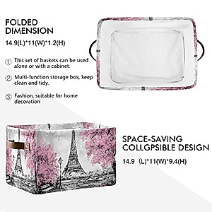 DAOXIANG Vintage Paris Eiffel Tower and Pink Tree Themed Square Storage Basket, Foldable, with Leather Handles,for Home, School and Office 15 * 11 * 9.5 in * 1