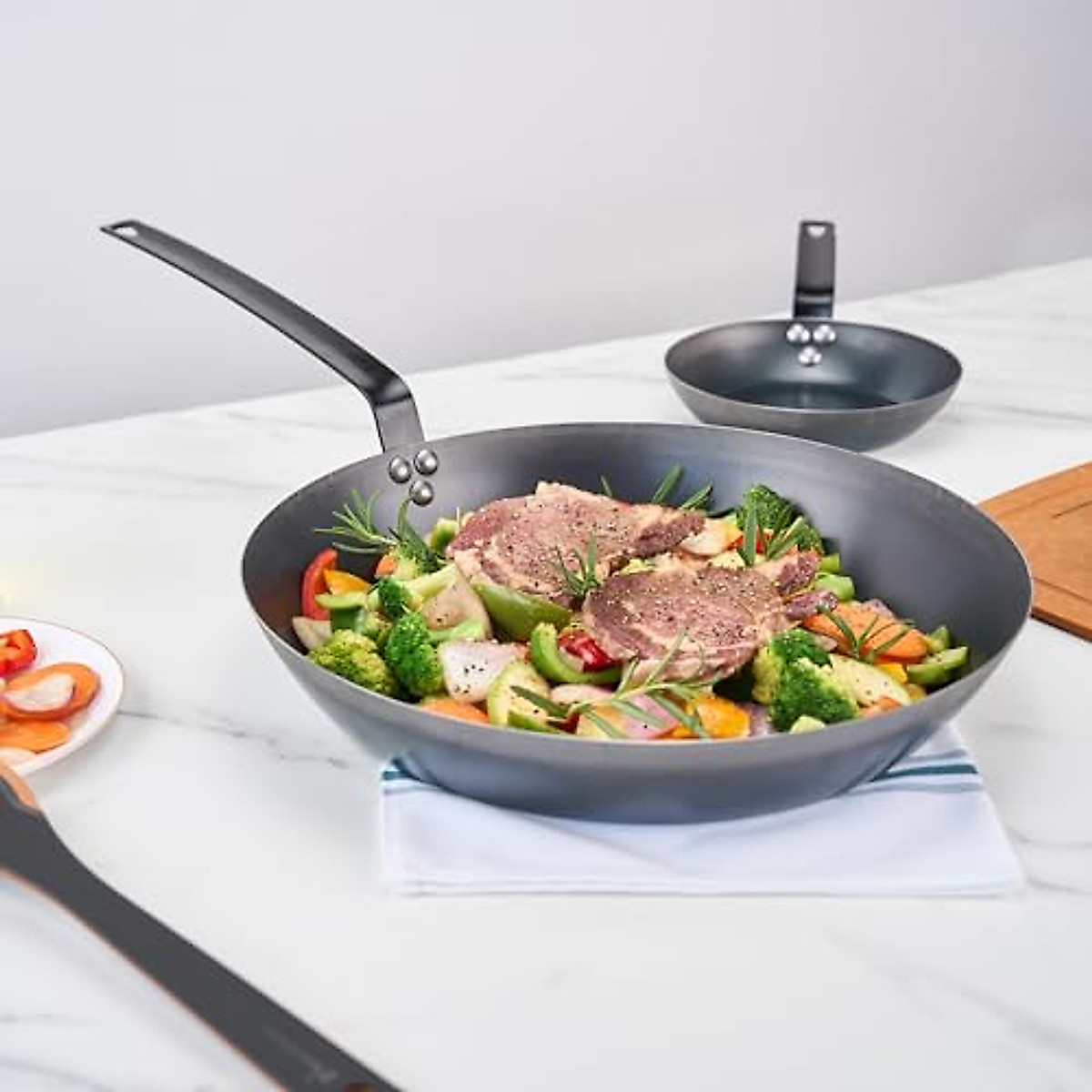 Restaurantware Met Lux 16 Inch Fry Pan, 1 Lightweight Frying Pan - Induction-Ready, Triple-Riveted, Black Carbon Steel Cooking Skillet, Durable, For Searing, Sauteing, And Browning Food