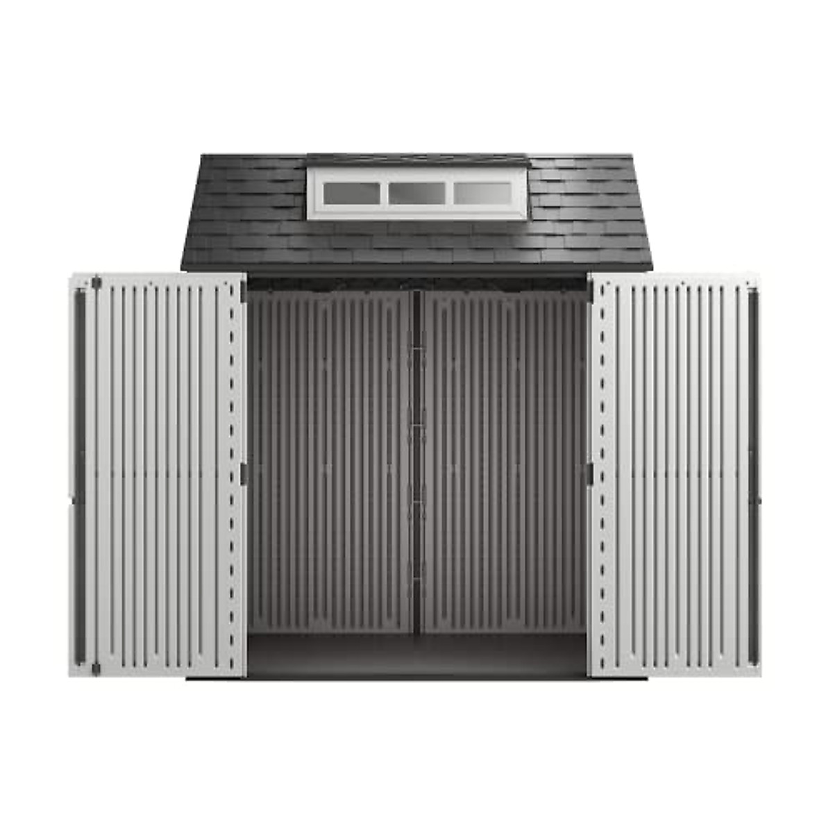 Rubbermaid Resin Weather Resistant Outdoor Storage Shed, 7 x 7 ft., Simple Gray/Onyx, for Garden/Backyard/Home/Pool