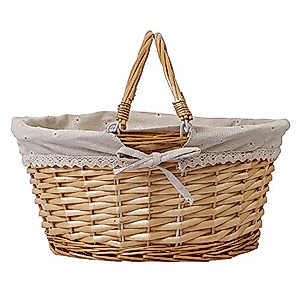 KINJOEK 2 Packs Wicker Woven Basket, 13" x 9" x 4.8" Multipurpose Natural Willow Basket with Handle Premium Linen Cotton Cloth Lining for Storage and Decoration, Natural