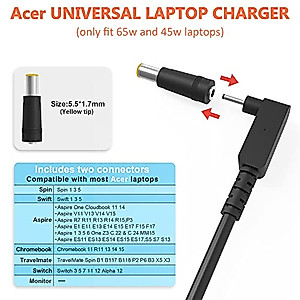 19V 3.42A 65W 45W AC Charger Replacement Acer Aspire 5 A515 R5 Chromebook 11 13 14 15 C720 CB3-532 CB5 Spin SP111 Swift SF315 TravelMate Spin B118 Spin SP513 Power Cord(Two Connectors Included)