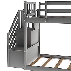 Twin Over Twin Bunk Bed with Slide and Storage Staircase, Twin Size Bunk Bed for Kids, Teens, No Box Spring Needed (Gray, Twin Over Twin)