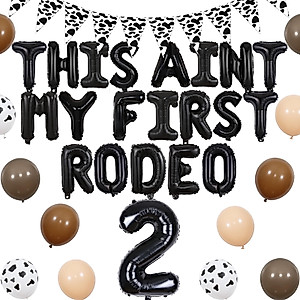 Wonmelody 23pc Western Cowboy 2nd Birthday Decorations: This Aint My First Rodeo Balloon Set - Black, Number 2, Horse, Cow Pennant - Girls, 2nd Birthday