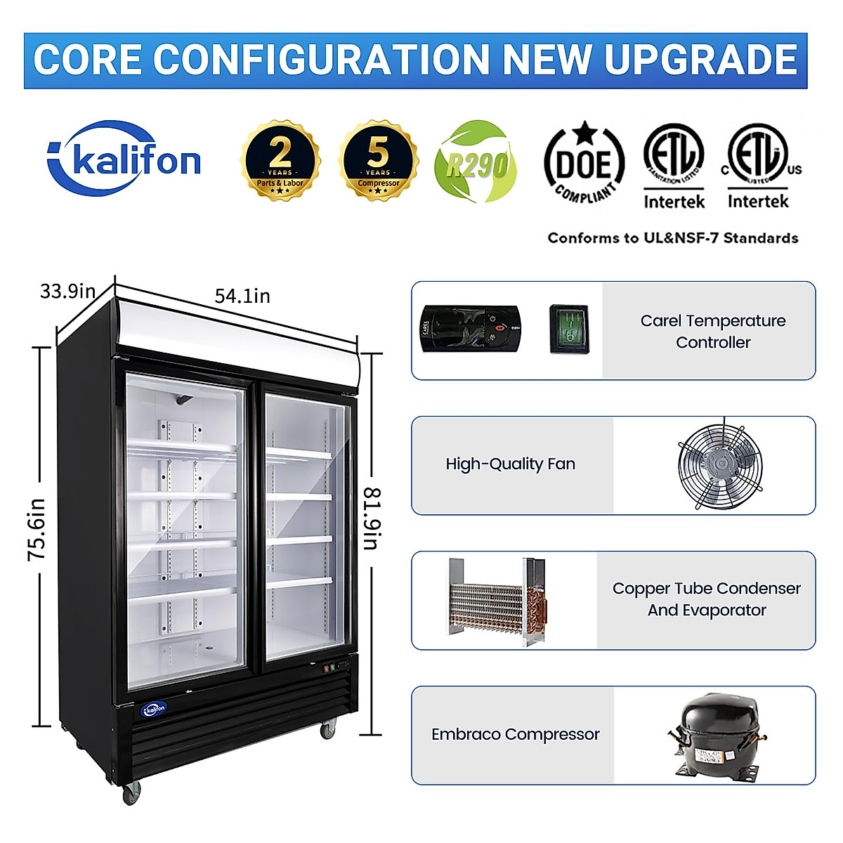 kalifon Commercial Glass 2 Door Display Refrigerator 49 Cu.Ft Beverage Cooler Merchandiser Upright with LED Light for Home Restaurant Grocery Stores