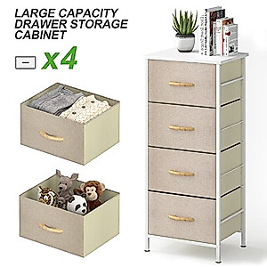 JSungo Dresser Storage Tower with 4 Drawers, Fabric Organizer Unit with Wooden Top for Bedroom, Living Room, Closets, 4 Tier Fabric Shelf with Steel Frame and Handles for Printer, Beige