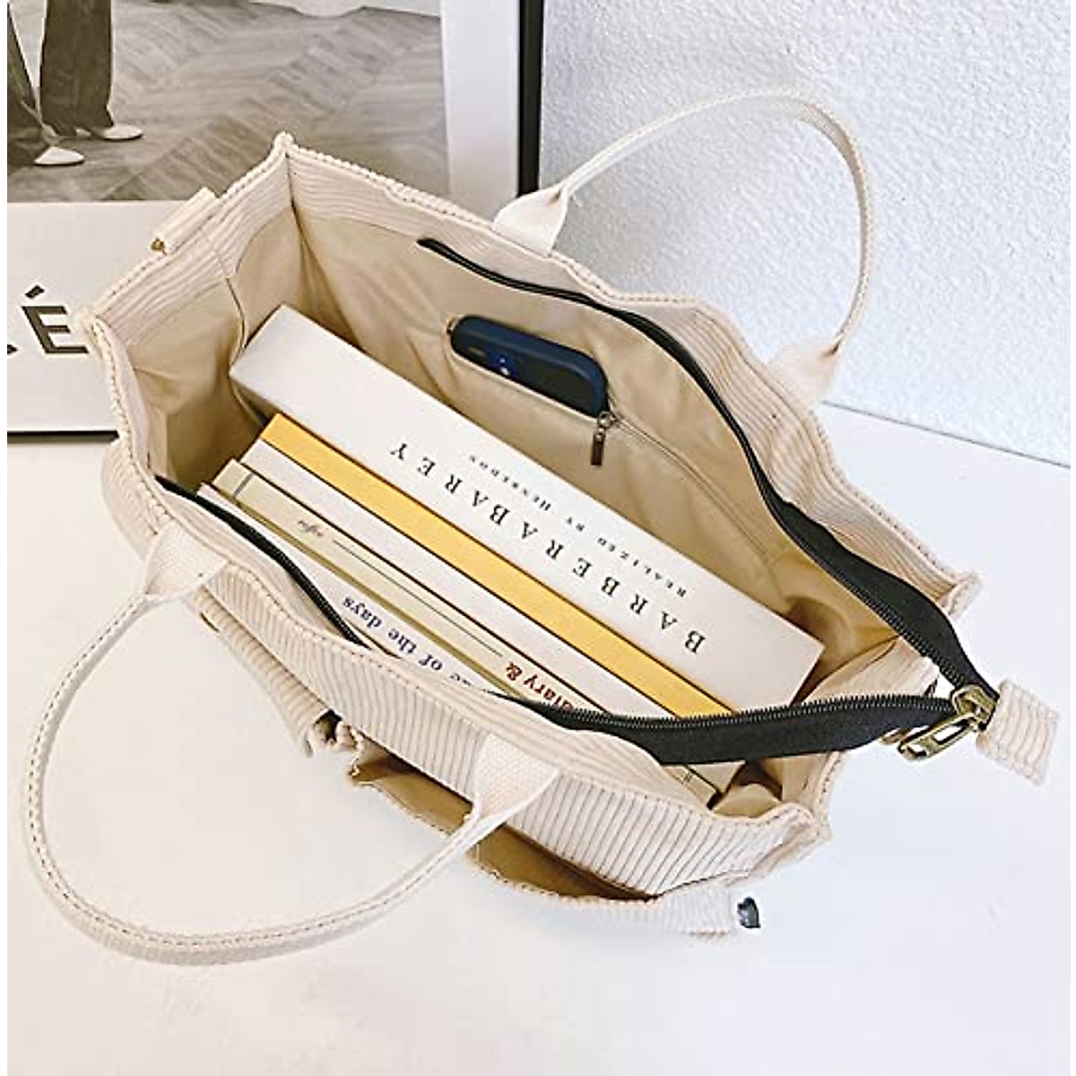Corduroy Tote Bag for Women Casual Shoulder Handbags Large Hobo Crossbody Bag Large Travel Tote Handbag Purse Satchel Bag