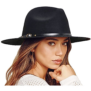 Eohak Womens Belt-Buckle-Panama-Hat Wool Womens Wide Brim Fedora Hat (S-M) Black