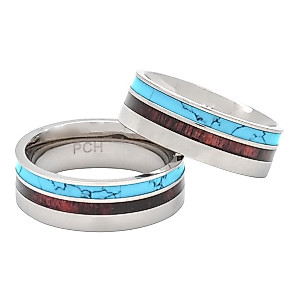 PCH Jewelers Turquoise and Koa Wood Ring set in Titanium High Polish Wedding Bands 8mm Comfort Fit (10)