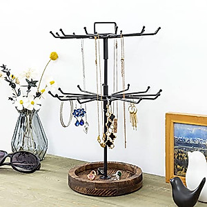 MyGift 2 Tier Black Metal Rotating Necklace and Bracelet Organizer Jewelry Stand with 24 Hooks and Burnt Wood Ring Tray, Accessory and Keychain Spinning Display Rack with Top Handle Card Holder