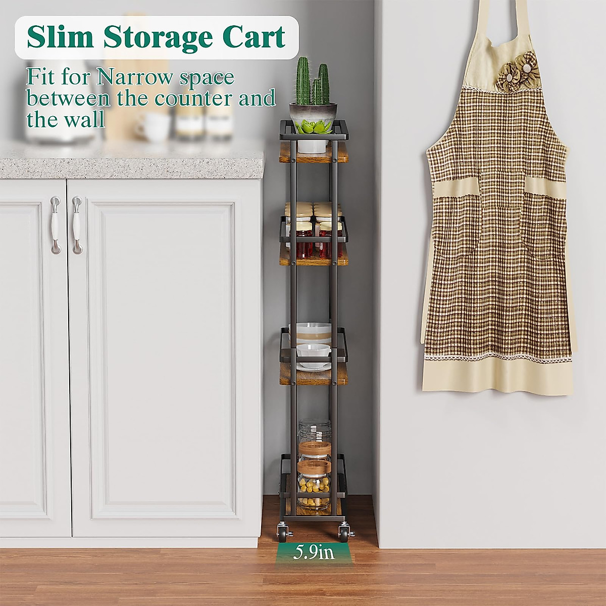 Giwil Slim Storage Cart 4 Tier Narrow Kitchen Rolling Cart on Wheels for Small Space, Mobile Spice Rack Seasoning Organizer Utility Serving Cart for Kitchen Bathroom Laundry, Brown