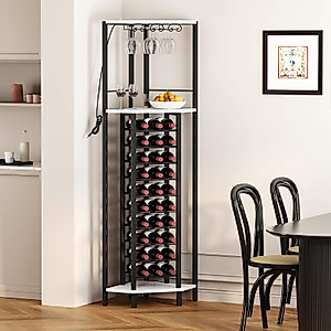 Homeiju Corner Wine Rack with Glass Holder and Led Strip Light, Corner Bar Wine Racks Free Standing Floor, Industrial Corner Bar Cabinet for Kitchen, Dining Room, Living Room or Cellar