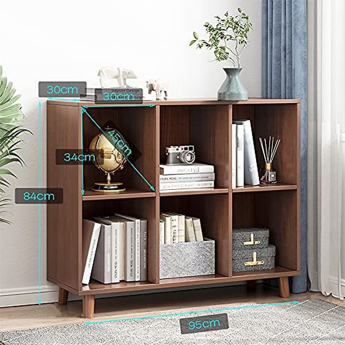 IOTXY Freestanding Open Cubes Bookcase - 2-Tier Floor Standing Wooden Storage Display Cabinet Organizer with Legs for Home Office, 6-Cubes Open Shelf Low Short Bookshelf, Walnut