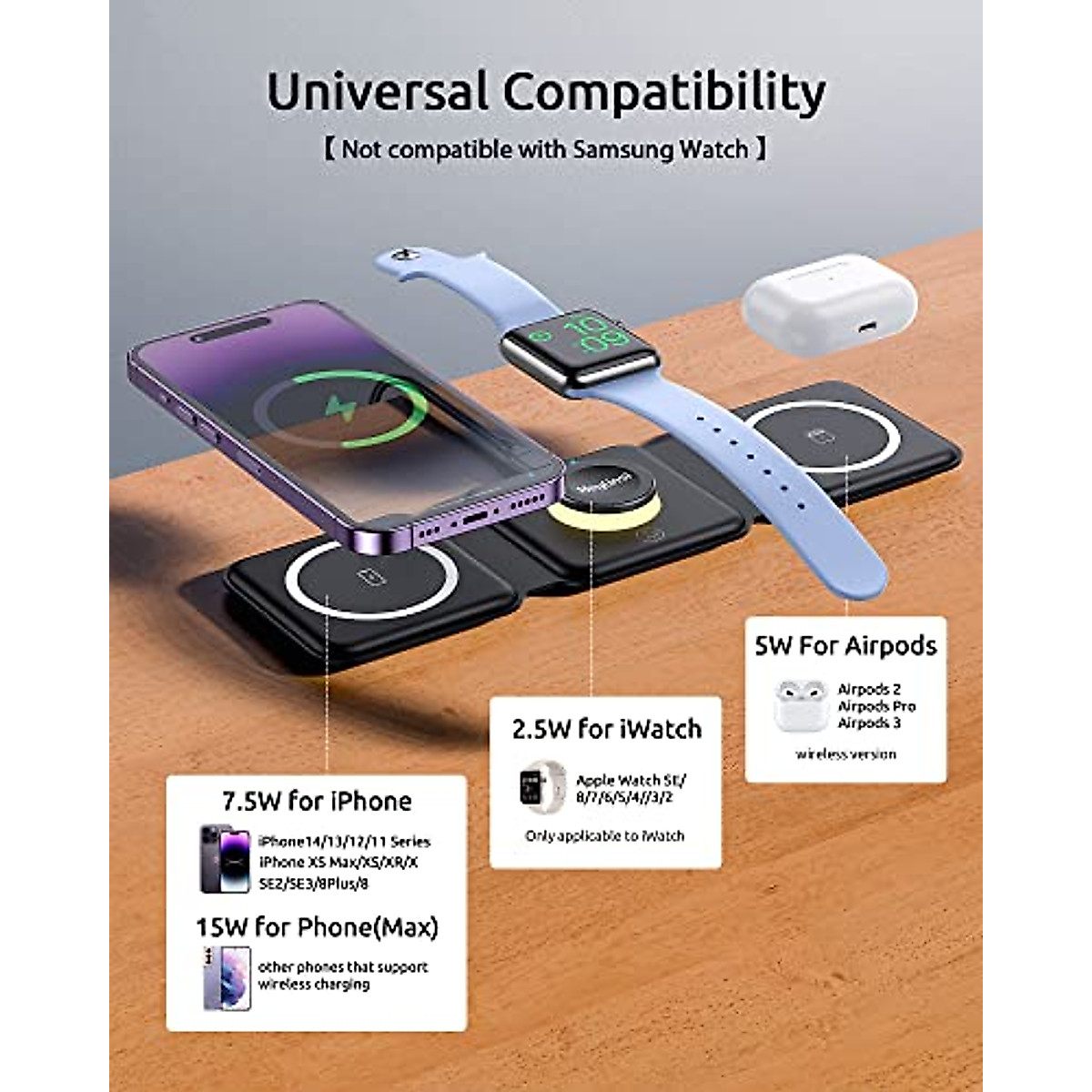 HEYLINSI Wireless Charging Station, Foldable Magnetic Wireless Charging Pad for iPhone 14/13/12 Pro Max/X/XS, 3 in 1 Wireless Travel Charger for AirPods 3/2/Pro Apple Watch