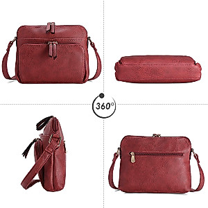 OB OURBAG Solid Multi-pockets Casual PU Leather Crossbody Shoulder Bags for Women (Red)