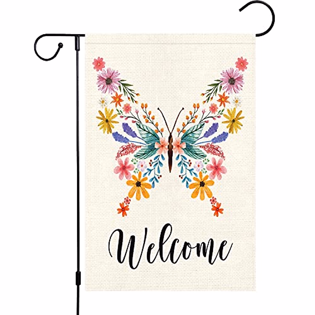 Welcome Spring Floral Garden Flag 12x18 Double Sided, Burlap Small Vertical Spring Butterfly Flower Garden Yard Flags for Seasonal Outside Outdoor House Decoration (Only Flag)