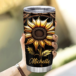 Hyturtle Personalized Gifts For Sunflower Lover - Sunflower Prints Custom Name Stainless Steel Tumbler 20oz With Lid - Idea Floral Lover Gifts For Women Girl On Birthday, Christmas