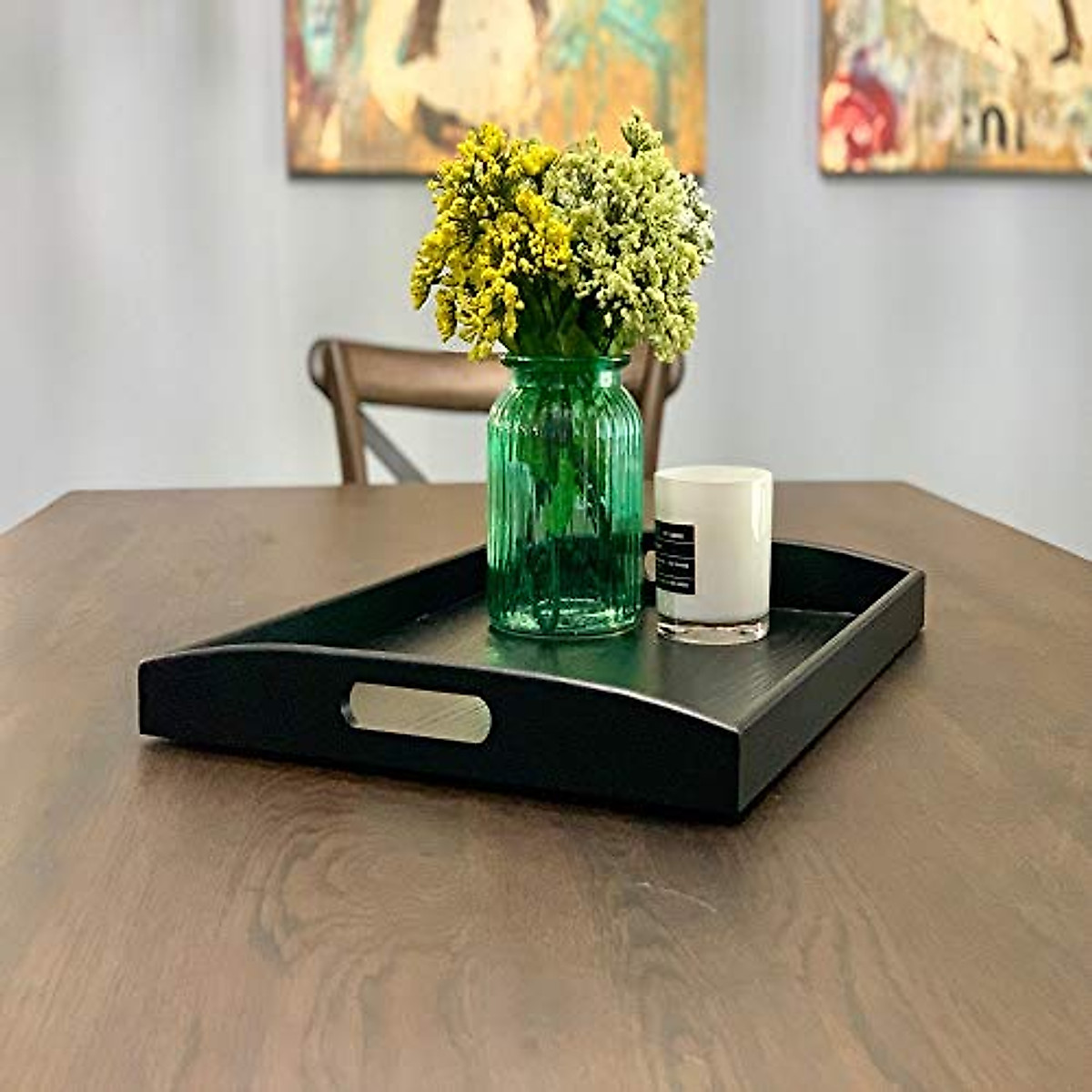 Jara19 Large Serving Tray Black Wood Rectangle for Ottoman Food Breakfast in Bed 17 x 13 x 2