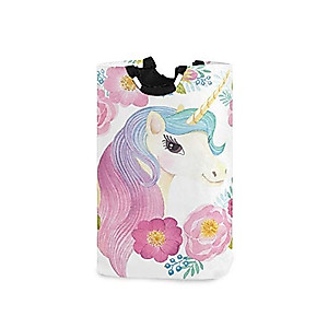 senya Large Storage Basket Collapsible Organizer Bin Laundry Hamper for Nursery Clothes Toys, Unicorn Head in Flowers