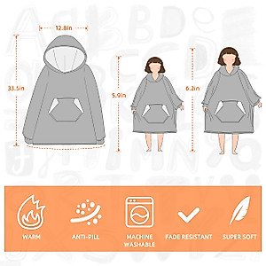 Ramees Wearable Blanket Hoodie for Kids, Sherpa Oversized Sweatshirt Blanket Flannel with Hood Pocket and Sleeves (Grey)