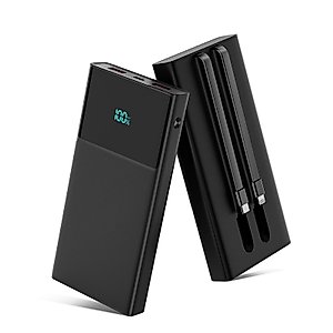 Portable Charger Power Bank with 2 Built in Cables(USB-C and iOS), 13000mAh PD Fast Charging Durable Phone Charger with LED Display, Battery Pack Backup Charger for iPhone, Android,etc - Black(1 Pack)