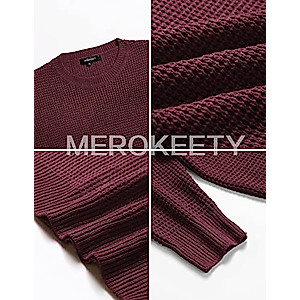 MEROKEETY Women's Long Sleeve Waffle Knit Sweater Crew Neck Solid Color Pullover Jumper Tops Wine